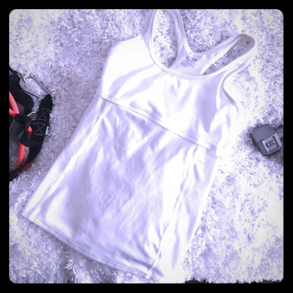 Champion | Tops | Champion Fitted White Tank Wbuilt In Shelf Bra | Poshmark
